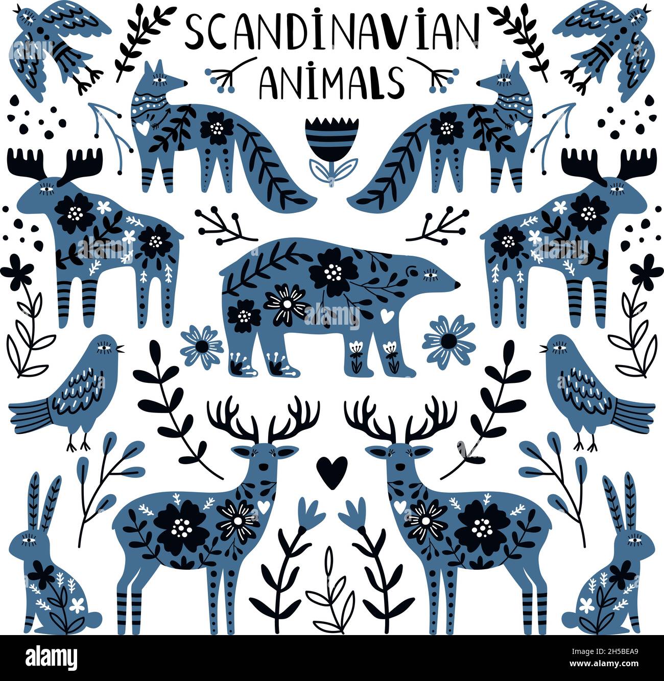 Nordic animals. Cute wild creatures, bear and deers image between ...