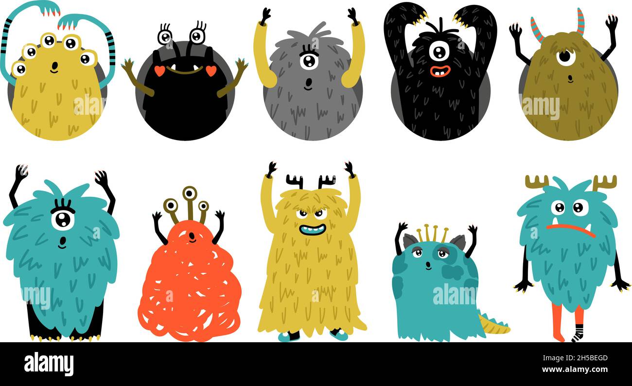 Doodle monsters. Cartoon cute angry characters, kids party hurry ...