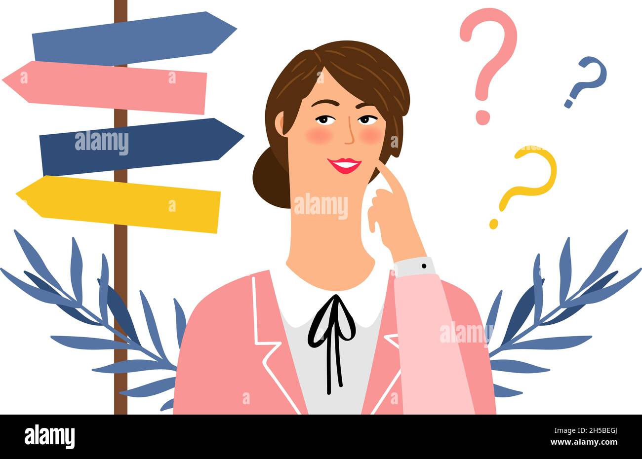 Woman choose way. Thoughtful female character in doubt. Cute cartoon ...