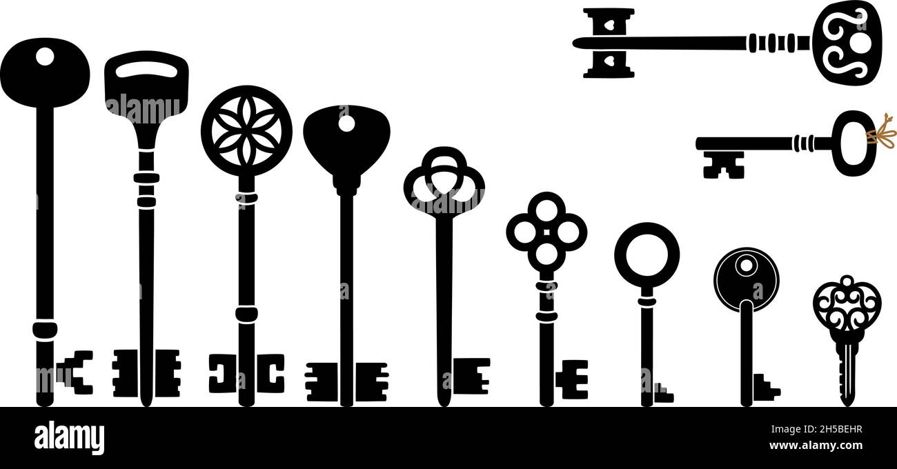 Retro key collection. Cartoon silhouettes of antique keys, icons of ...