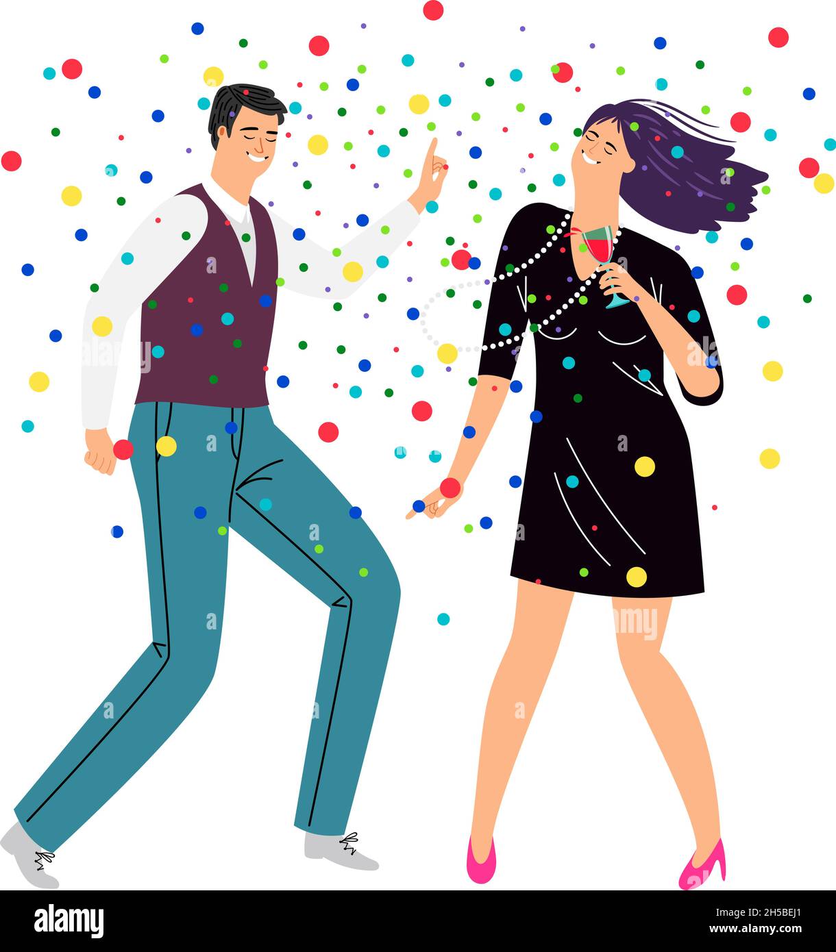 Dancing and drinking couple. Cartoon happy couple in trendy business ...