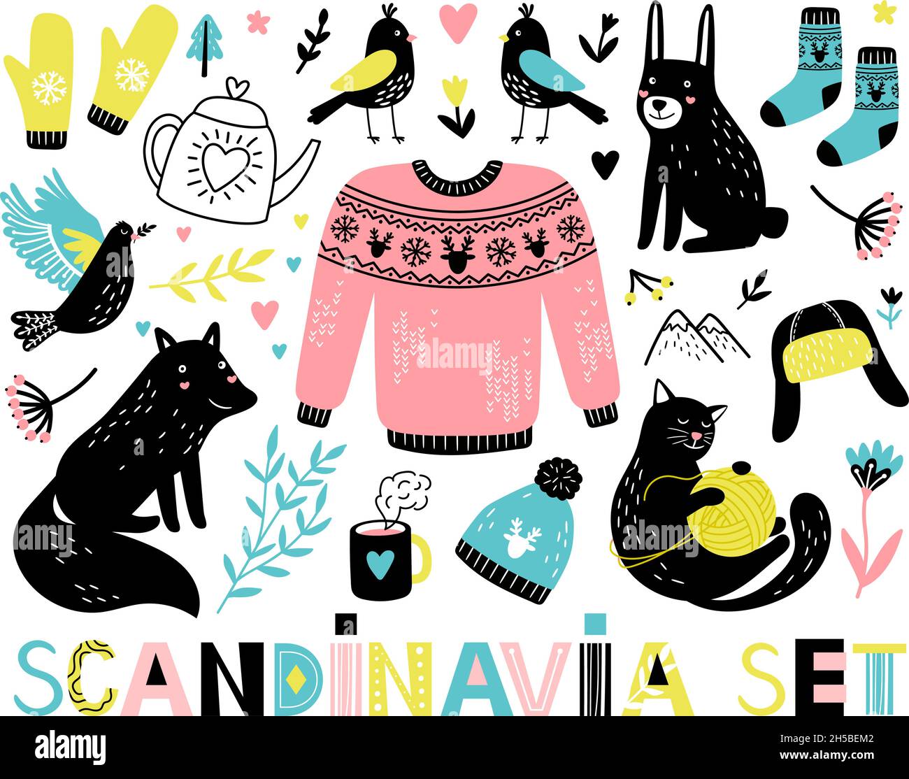 Scandinavian object set. Cartoon cute animals and birds, decorative ...