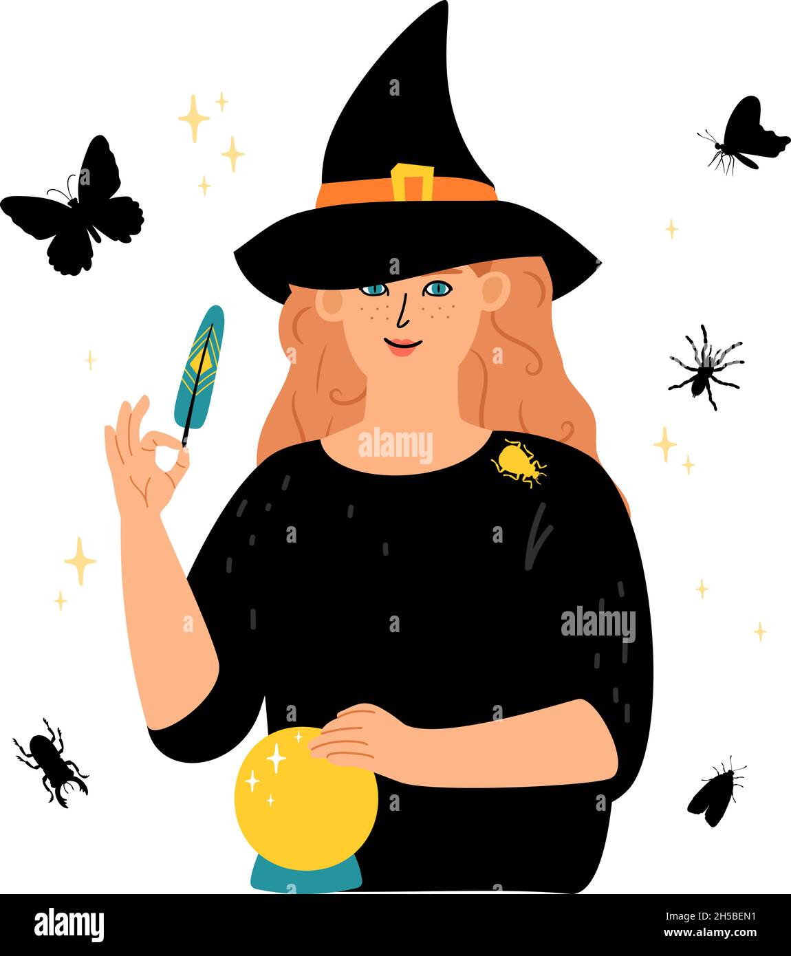 Magic time. Witch character, magical occult elements. Insects ...