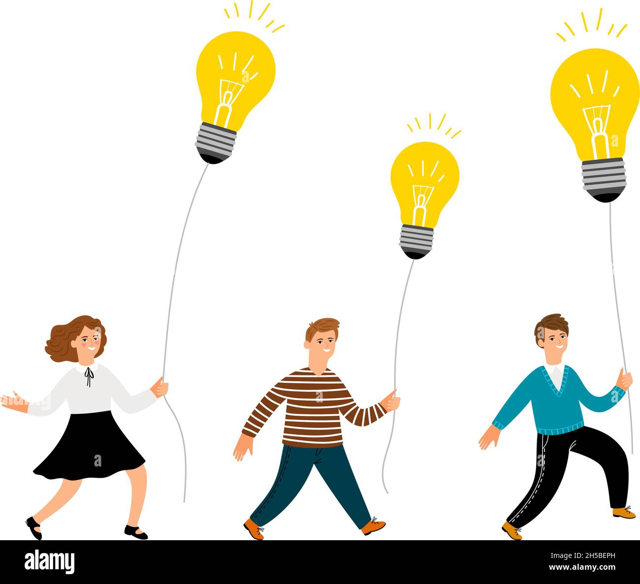 Creative kids. Happy cartoon children with lamp bulbs. Girl boy holding ...