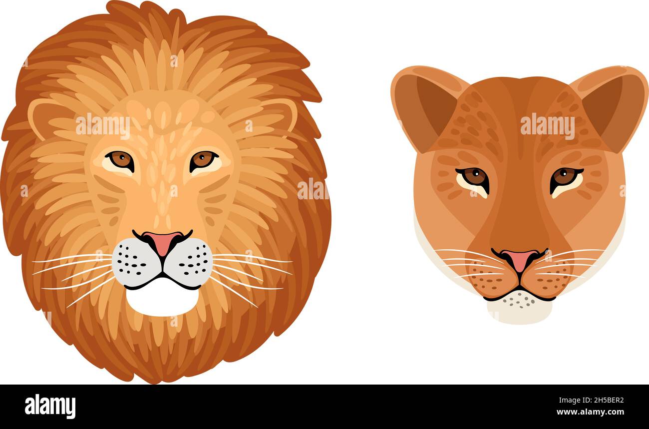 Lion head emblems. Cartoon front face of aggressive beasts with redhead ...
