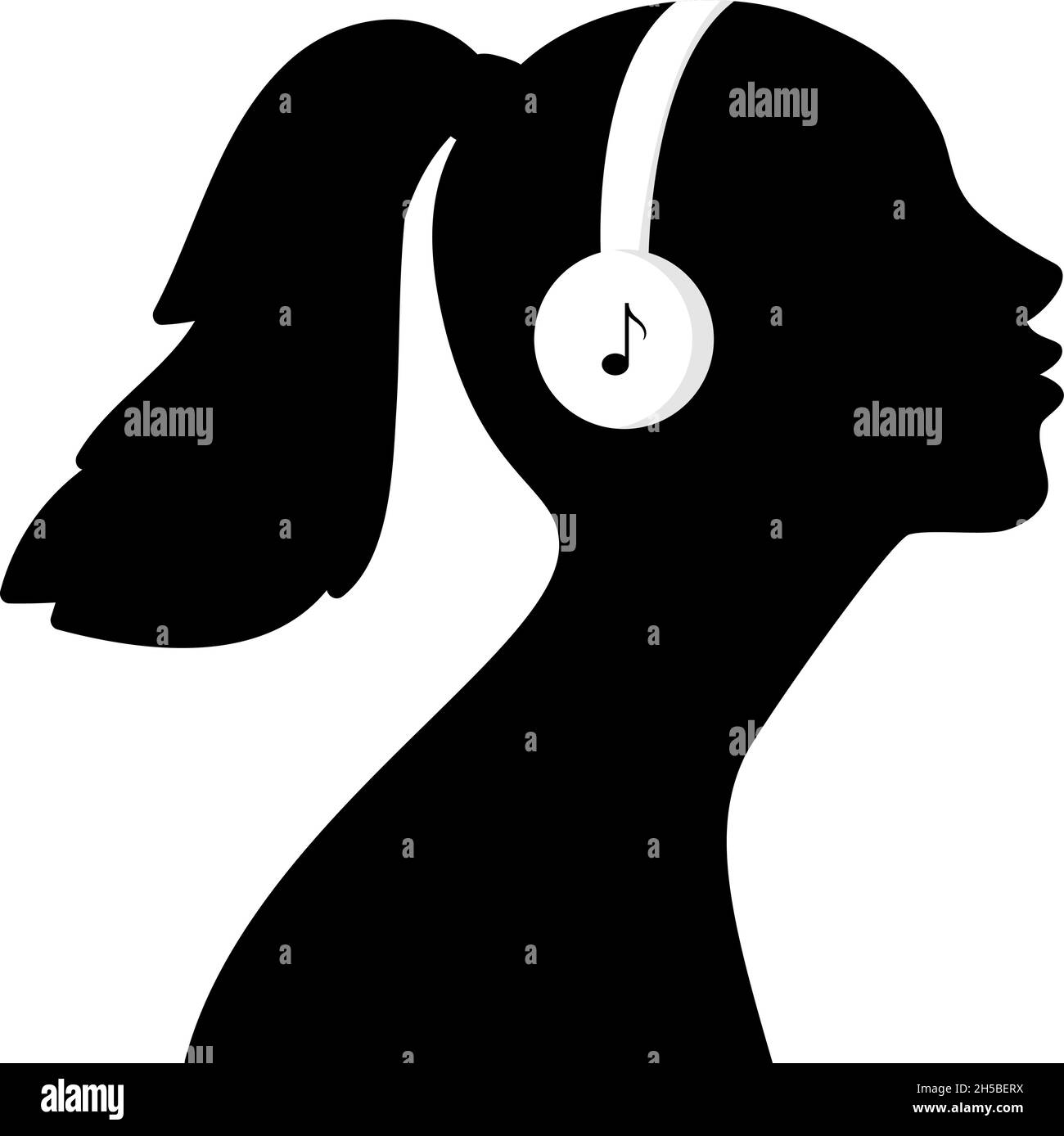 Girl listen music in white headphones. Female avatar, black woman ...