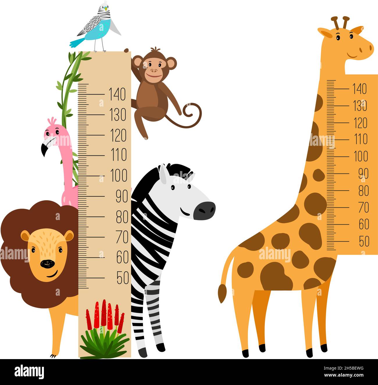 Measure growth kids. Childish rulers with cartoon animals, giraffe lion ...