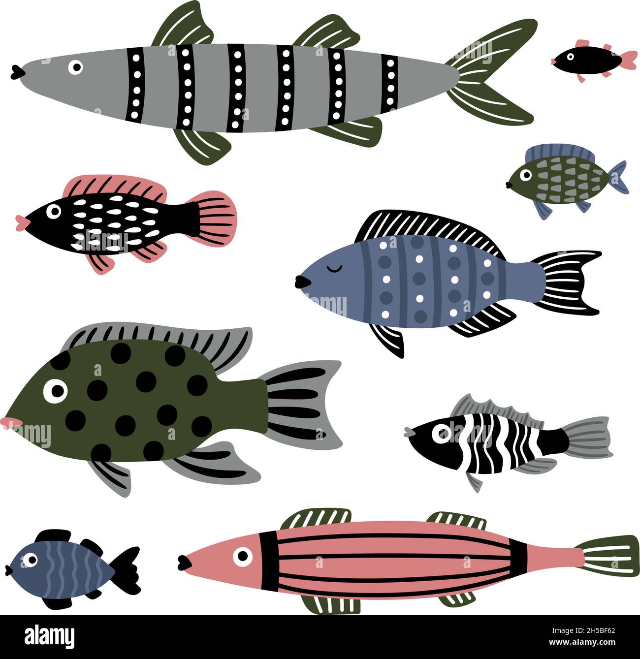 Saltwater fishes. Cartoon characters of sea, color stylish underwater ...