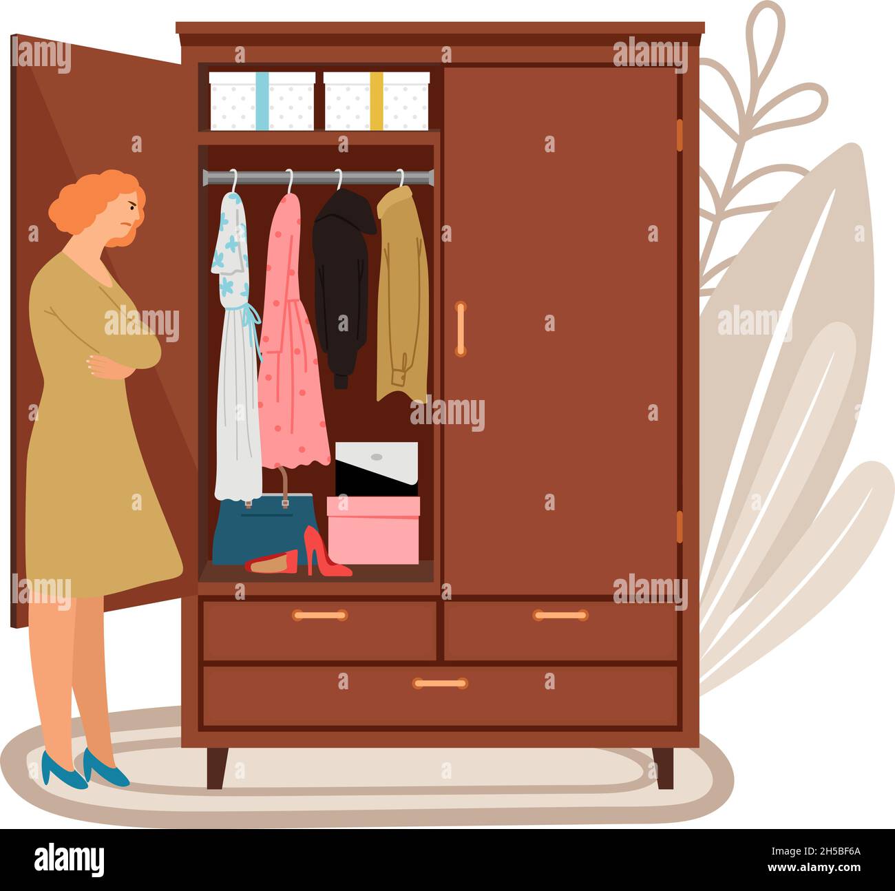 Woman and open wardrope. Negative female characters think about clothes ...