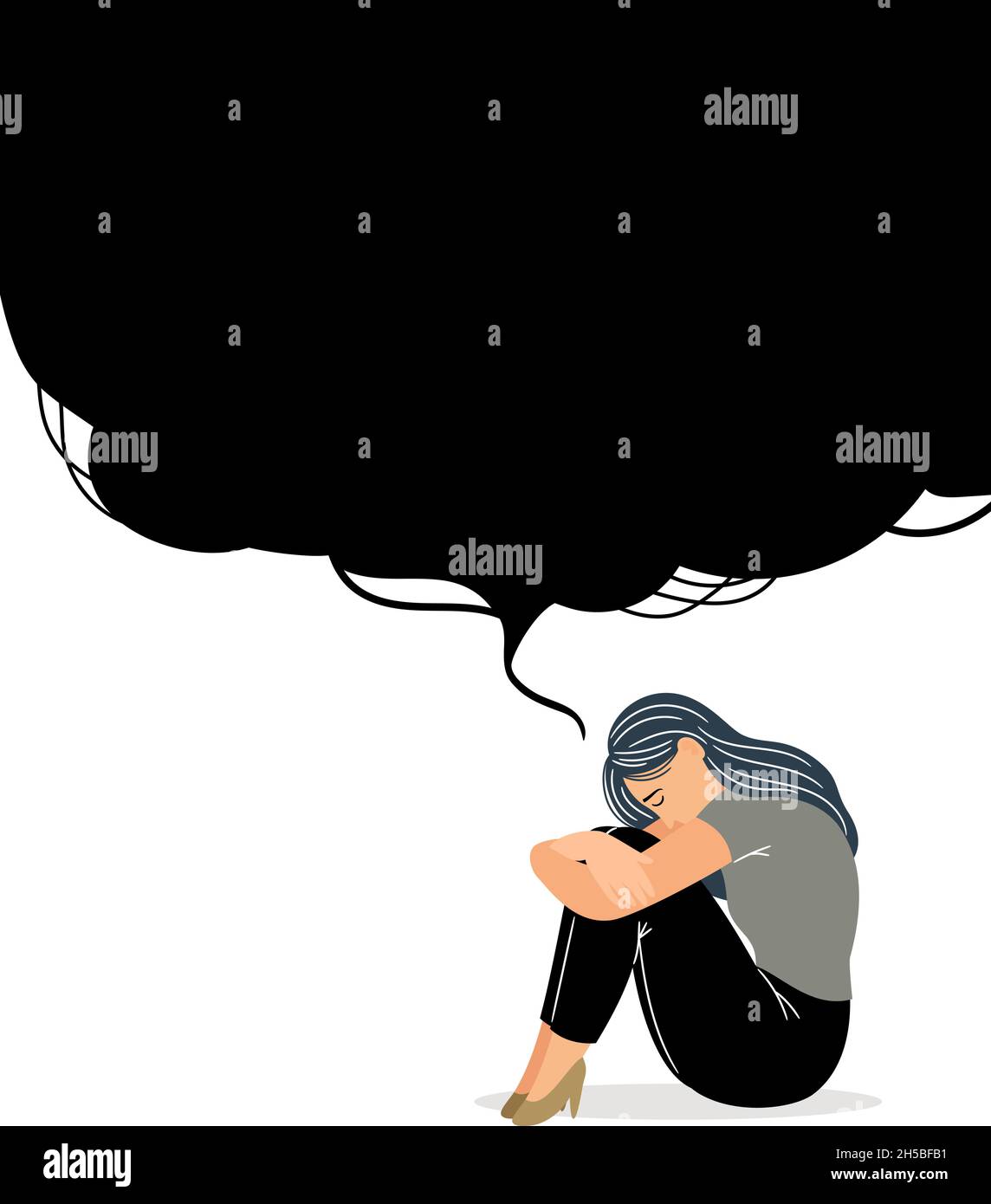 Woman with depressive thinking. Cartoon unhappy girl with confusion in ...