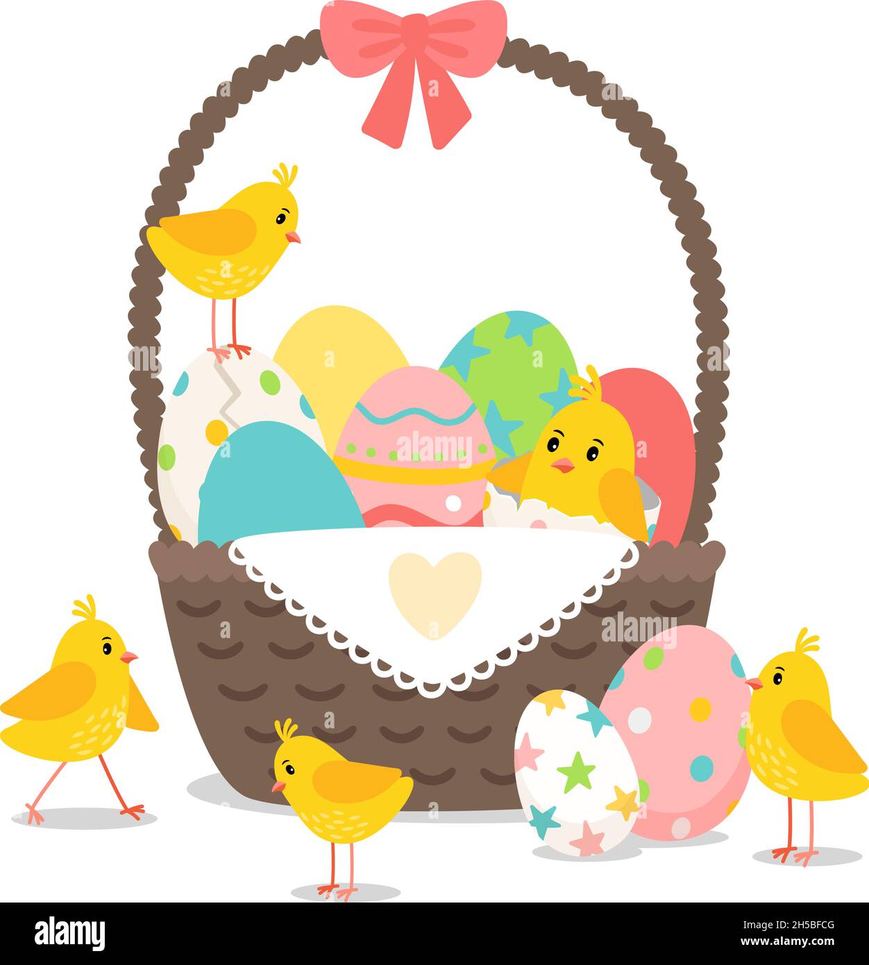 Basket with cute chickens. Cartoon funny characters of easter day ...