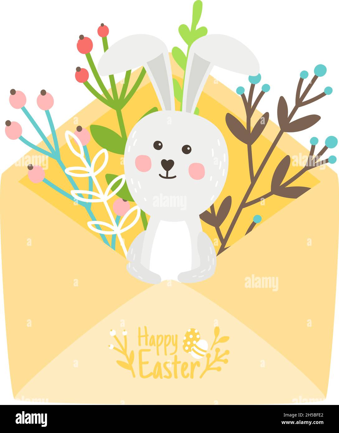 Happy Easter card with rabbit. Cartoon specials paper with blossom ...