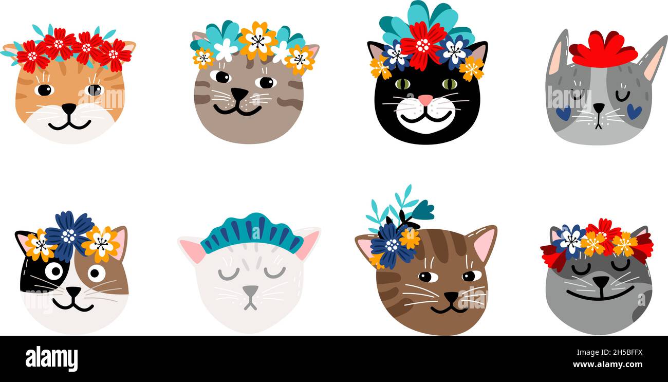 Cats in flower wreaths. Cat faces, cute pets wear floral elements. Boho ...