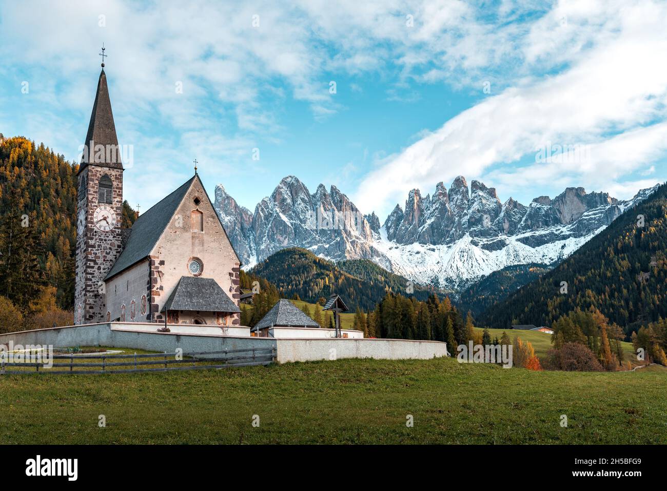 Villnoess, Funes Valley, Autumn, Trentino, Italy. Landmark church Stock ...