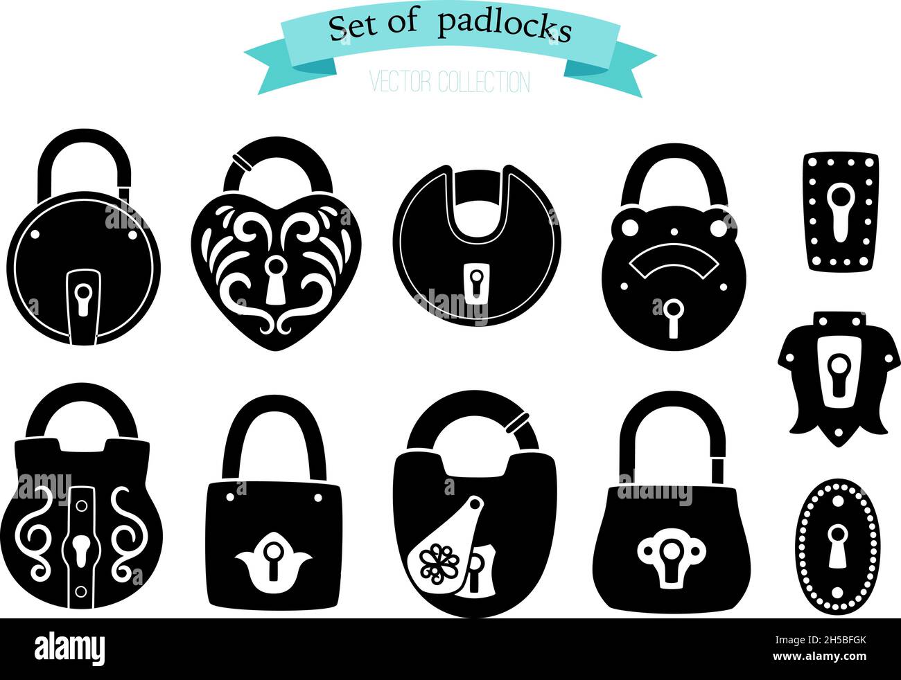 Padlock set. Cartoon silhouettes of antique objects for locking doors ...