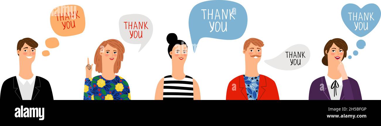 Thank you banners. Diverse people say thanks. Men women talking ...