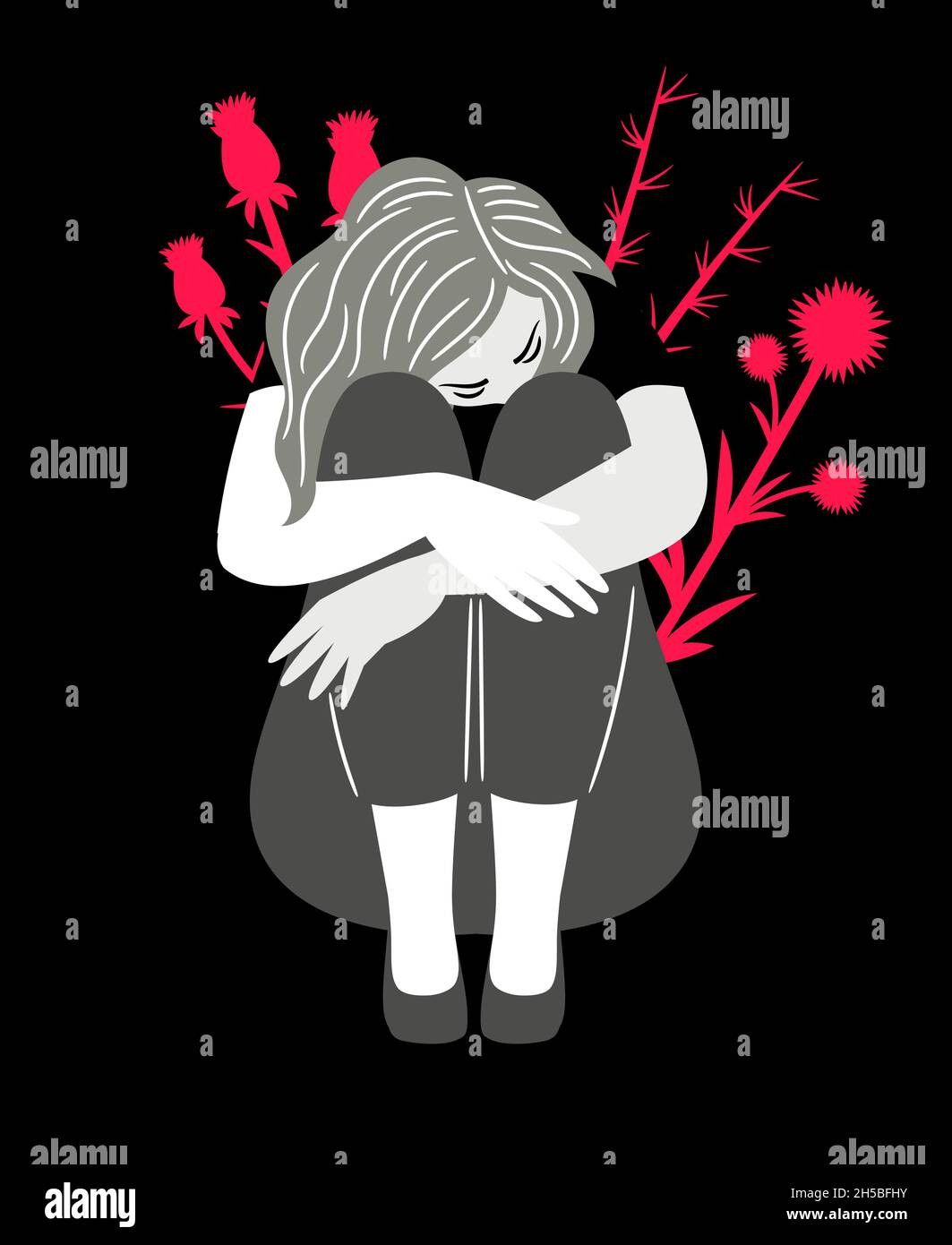 Girl in disturbance. Cartoon unhappy woman with Anxious thinking ...