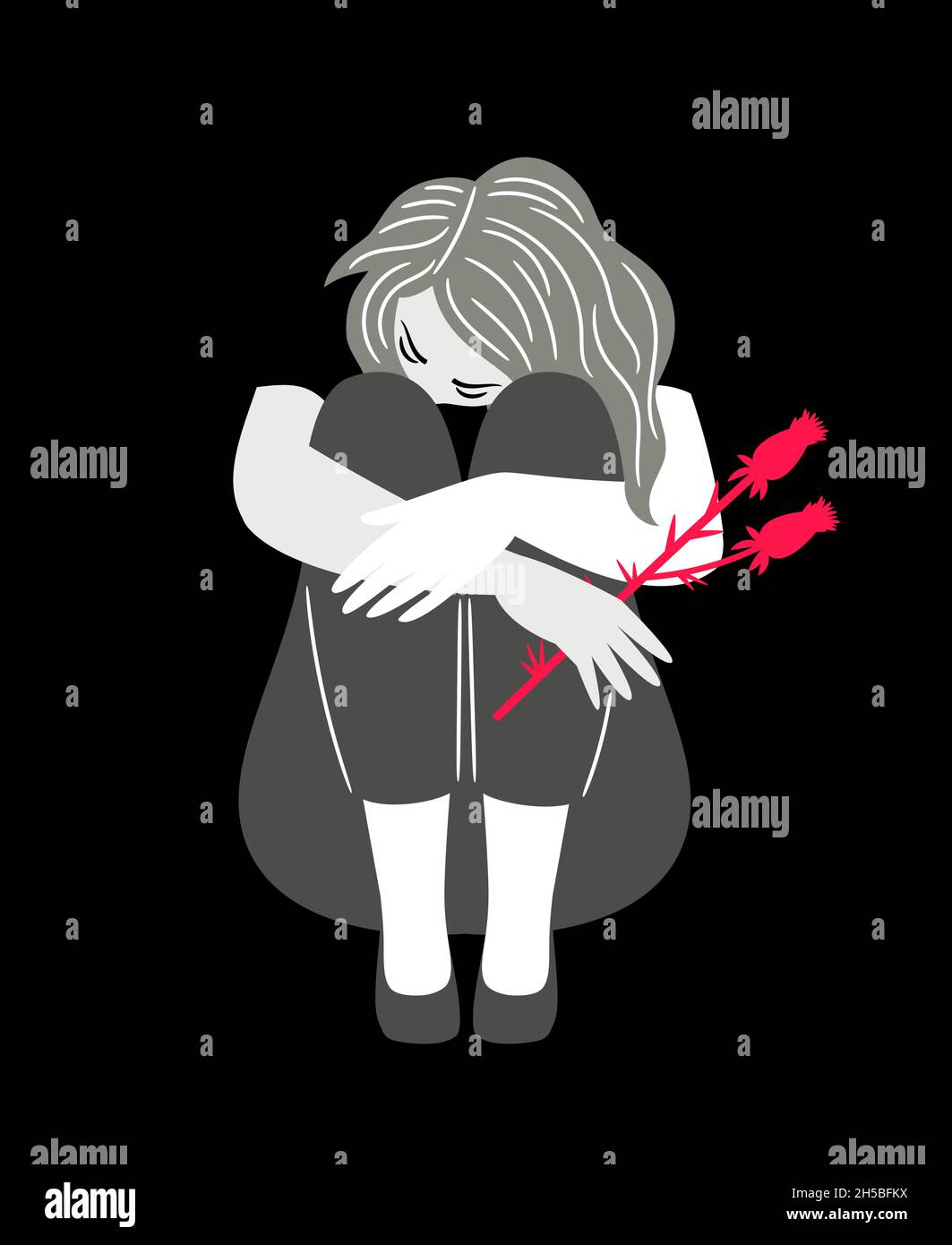 Girl with sad mood. Cartoon woman in sorrow, concept of anxious and ...