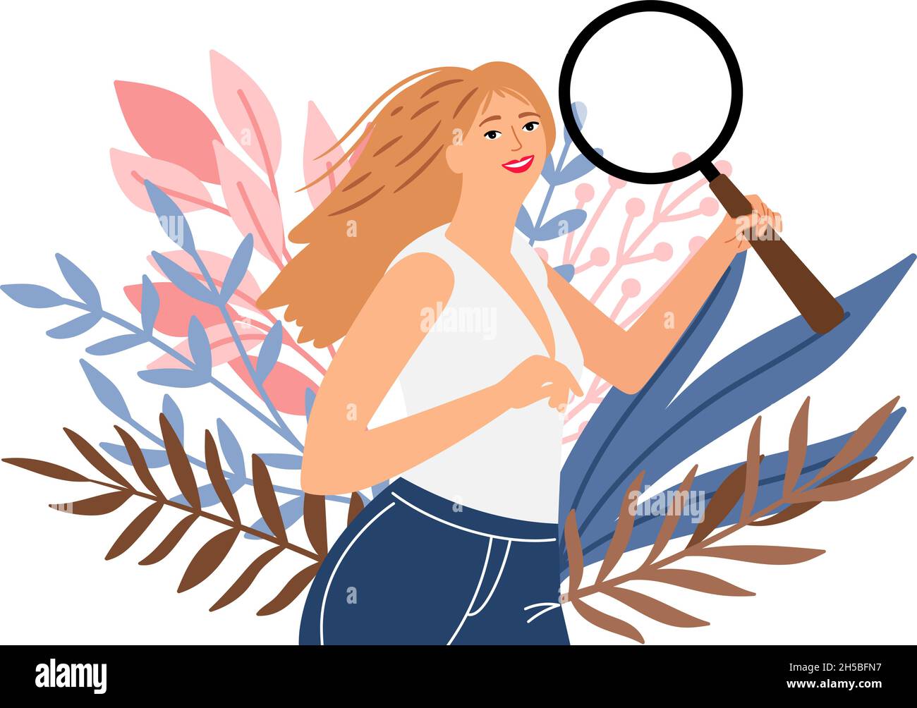 Searching woman. Cartoon female looking in magnifying glass. Scientist ...