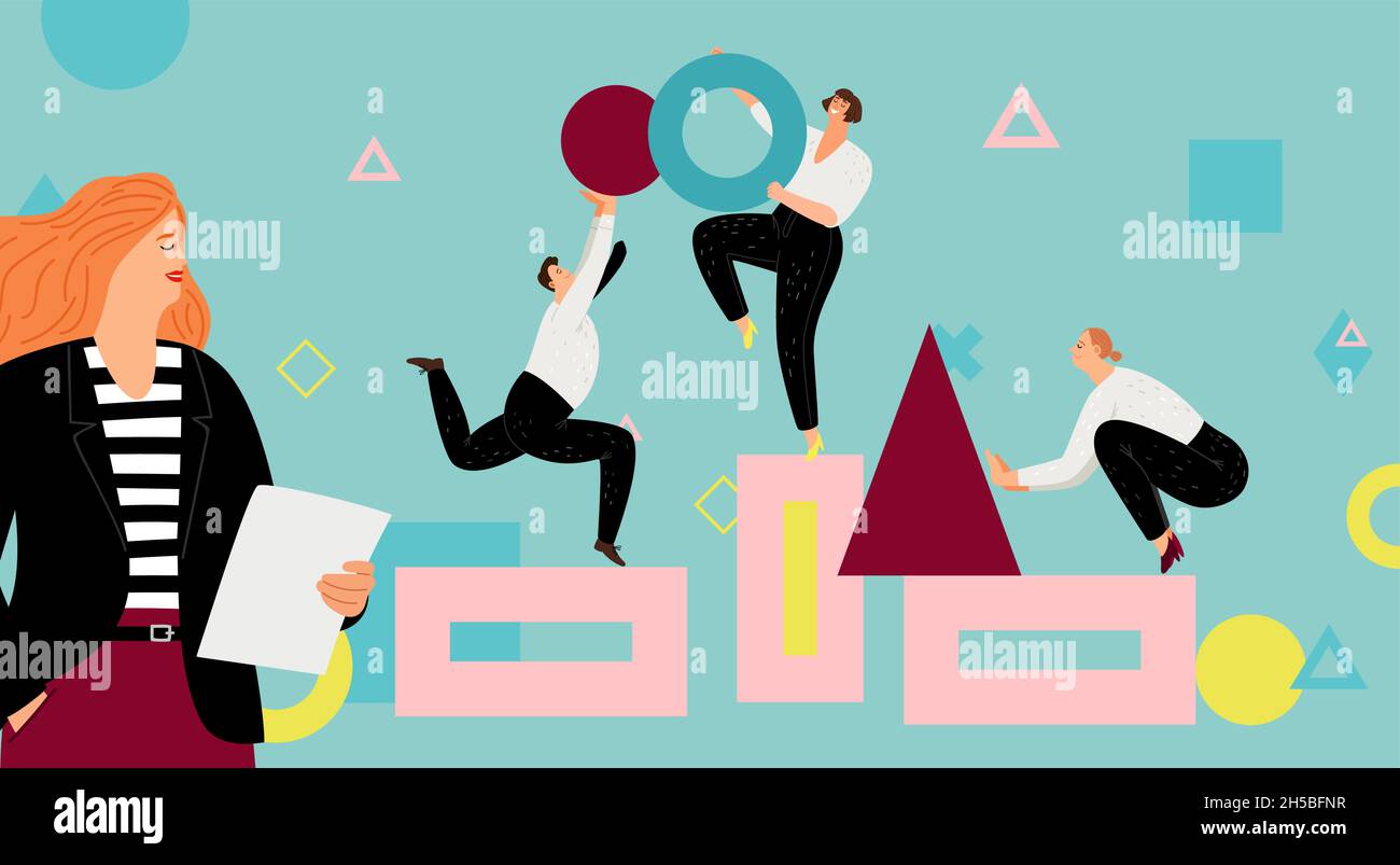 Creative teamwork. People collect geometric forms, creators teamwork ...