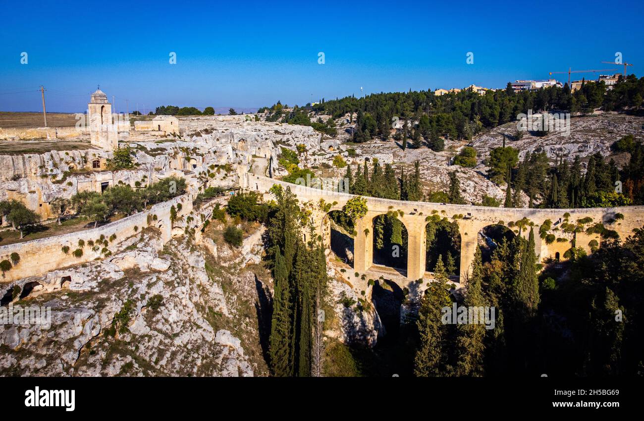 Gravina in Puglia with its famous aqueduct in Italy - aerial view Stock ...
