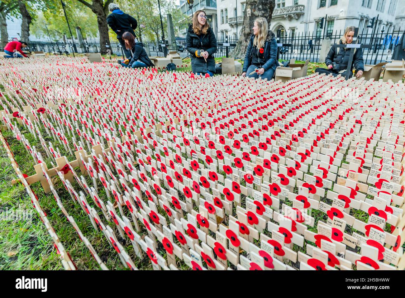 London, UK. 8th Nov, 2021. Crosses with poppies on are laid, by out ...