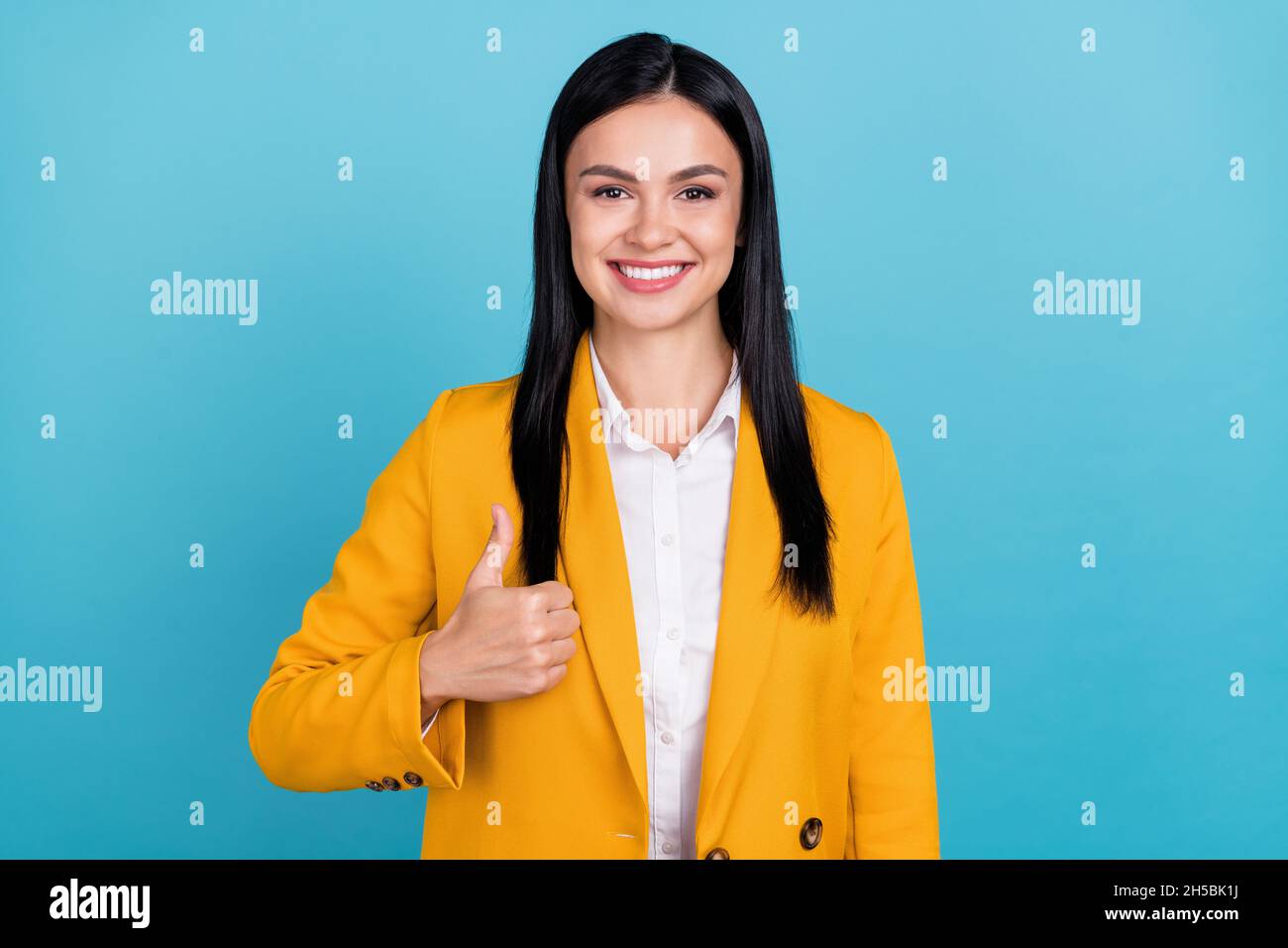 Photo of cool attractive pretty business lady make thumb up show ...