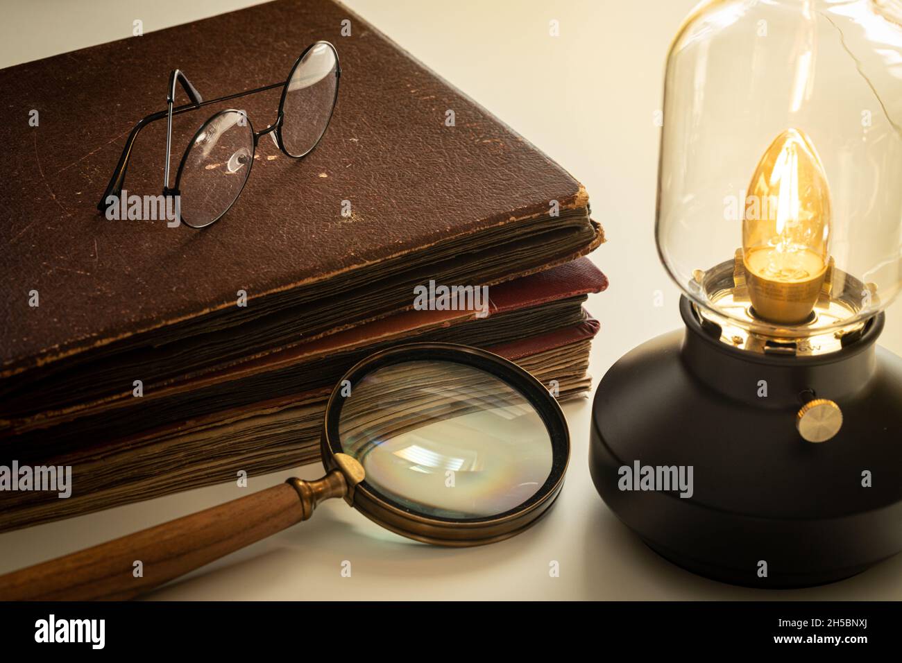 Old Table Albums, Magnifying Glass, Vintage Lamp, Grandfather's Glasses ...