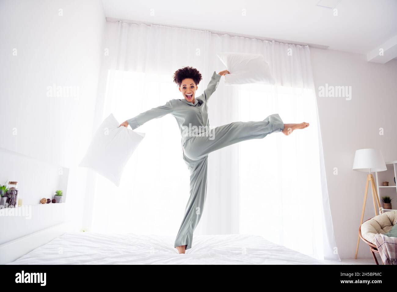 Full length body size view of attractive cheerful ecstatic crazy girl ...