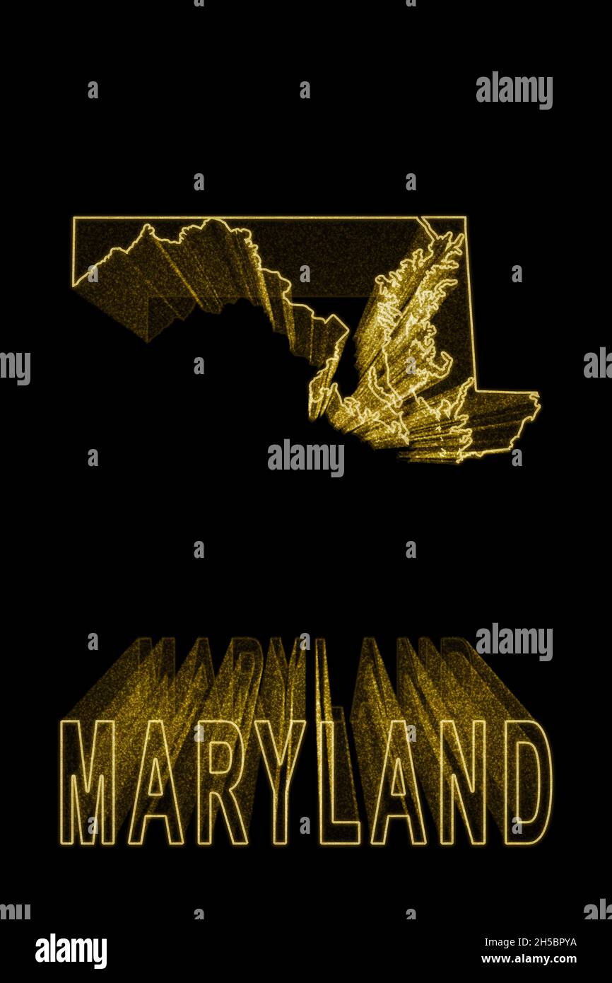 Map of Maryland, Gold Map On Black Background, Gold effect Stock Photo ...