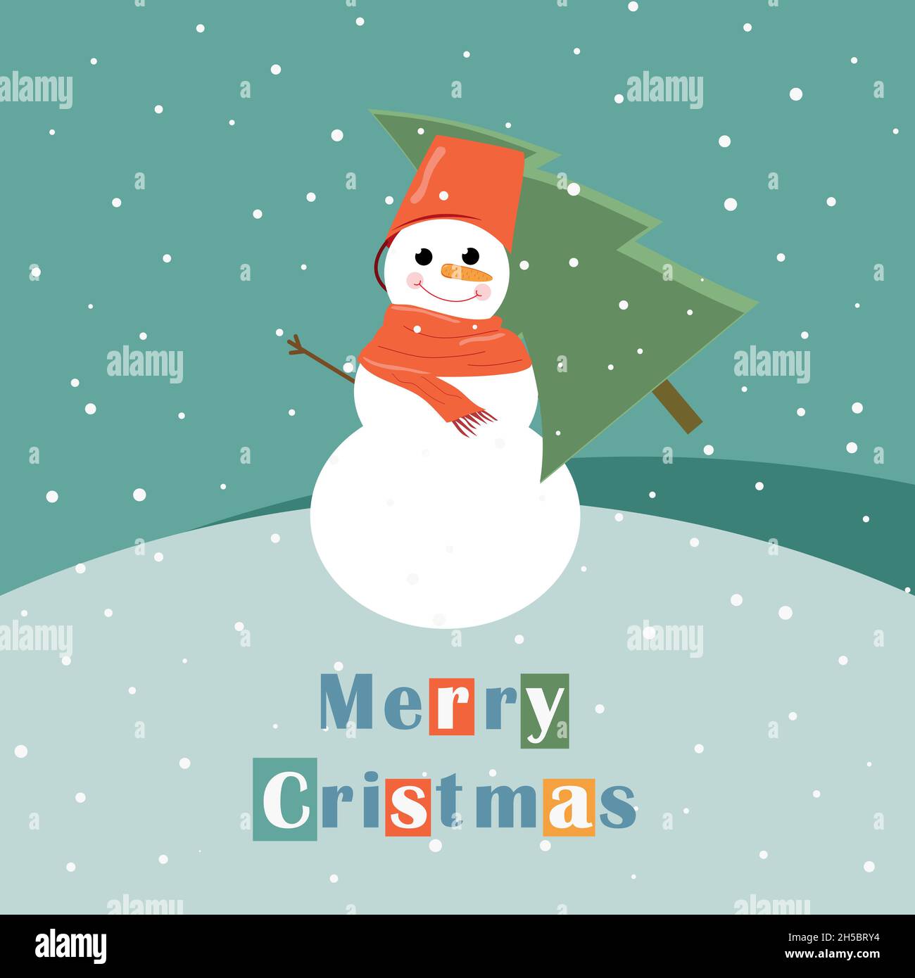 A snowman carries a Christmas tree in snowdrifts. Merry Christmas ...