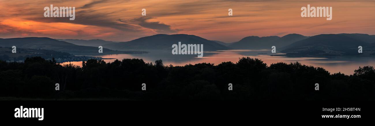 Rothesay bay and Cowal peninsula from Canada Hill; sunset panorama with ...