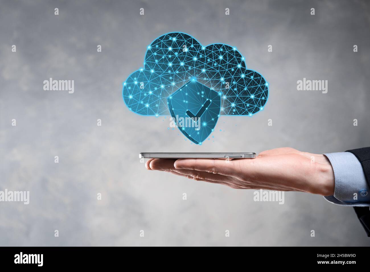 Cloud technology. Polygonal wireframe cloud storage sign with shield ...