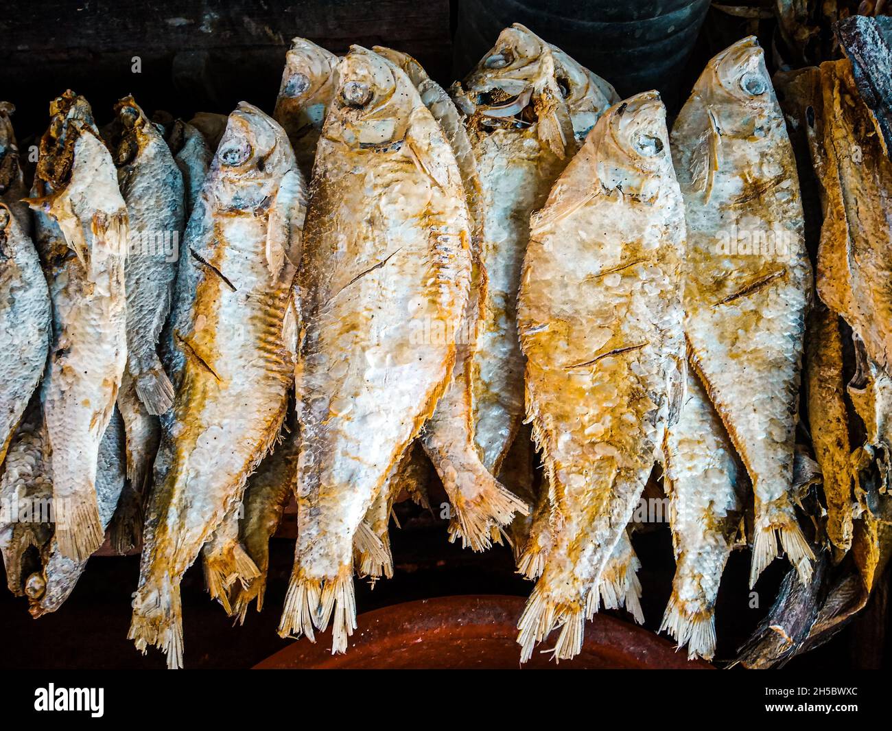 Dried fish on basket in market. The salted dried fish is hung on by the ...