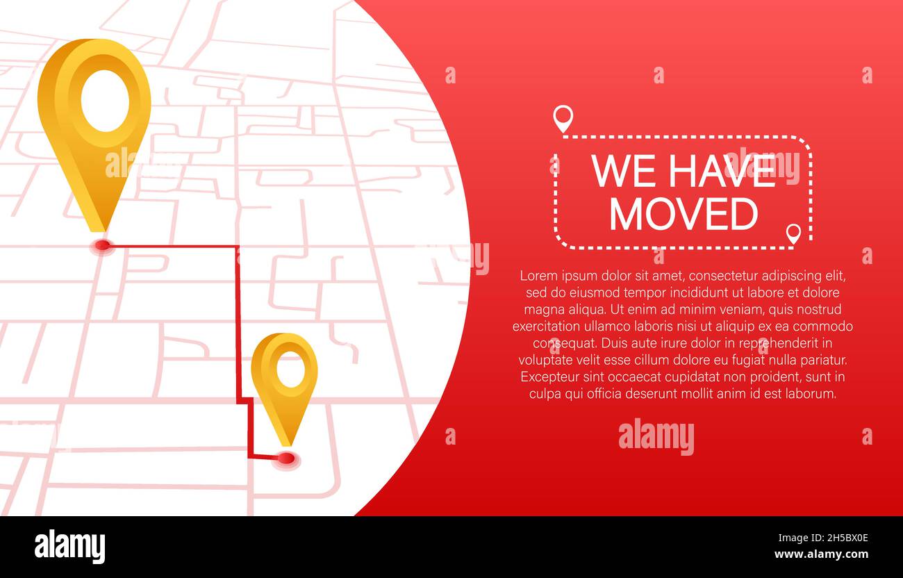 We have moved. Moving office sign. Clipart image isolated on blue background. Vector stock ...