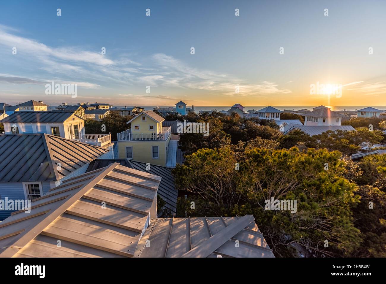High wide angle view on sunset with ocean landscape of Gulf of Mexico ...