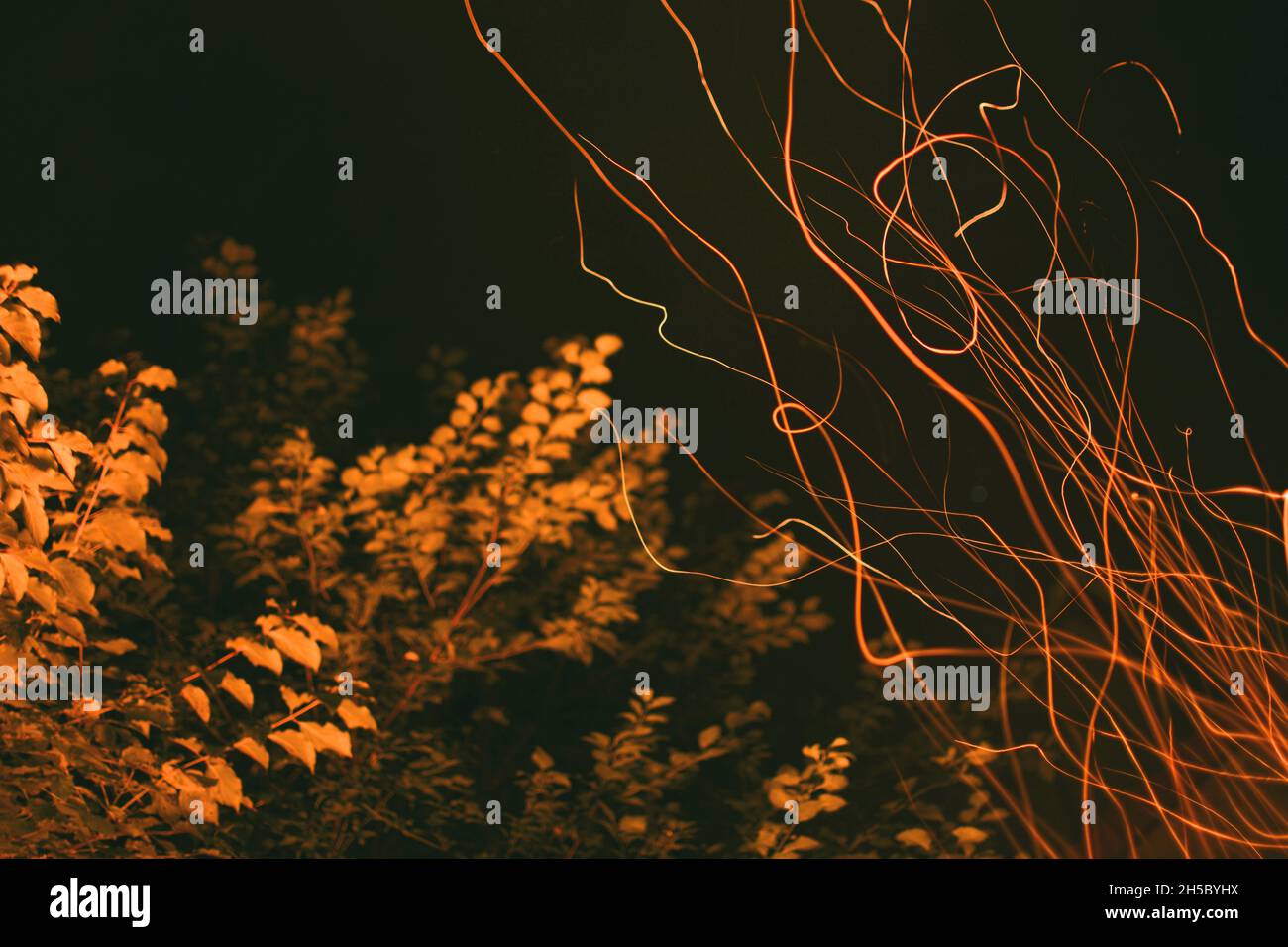 Flames from a fire flying into the air at night and light up a few ...