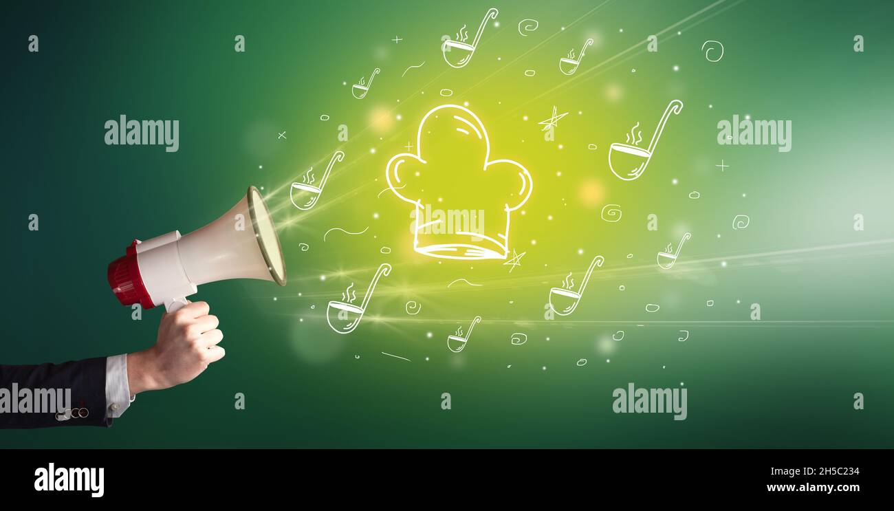 Young person with megaphone and healthy food icon Stock Photo - Alamy