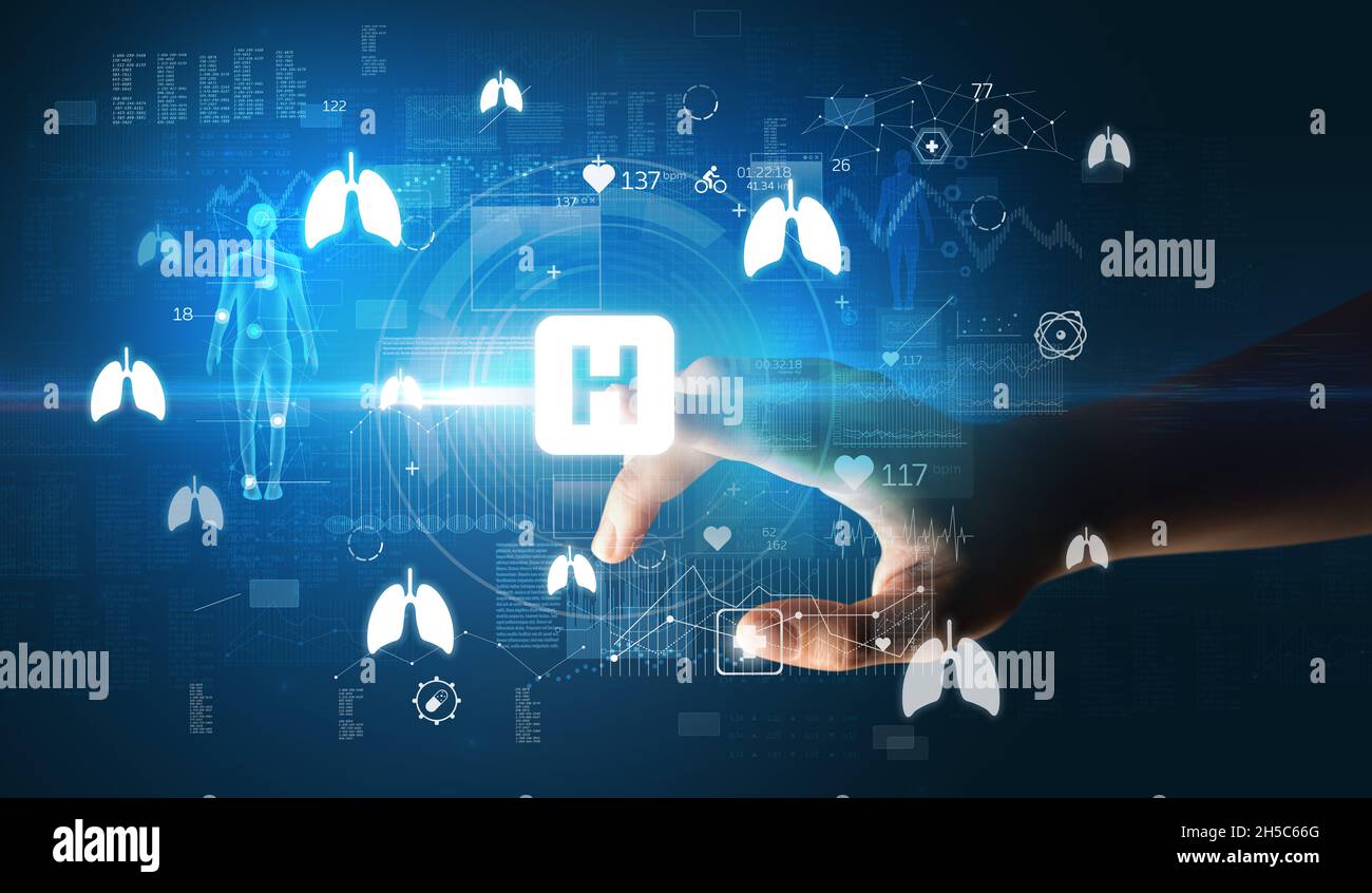 Doctor hand pressing futuristic health device with medical symbol on ...