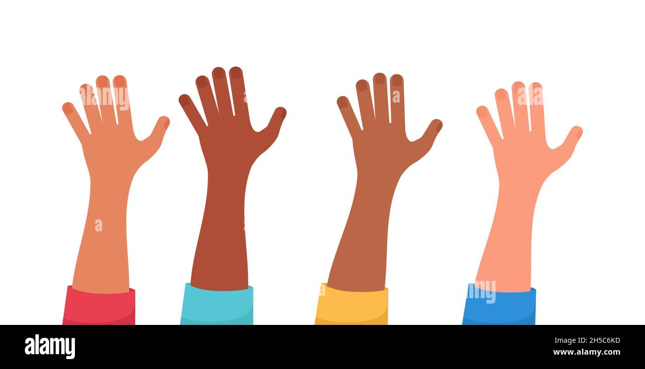 Different ethnic hands raised up isolated on White Background. Vector ...