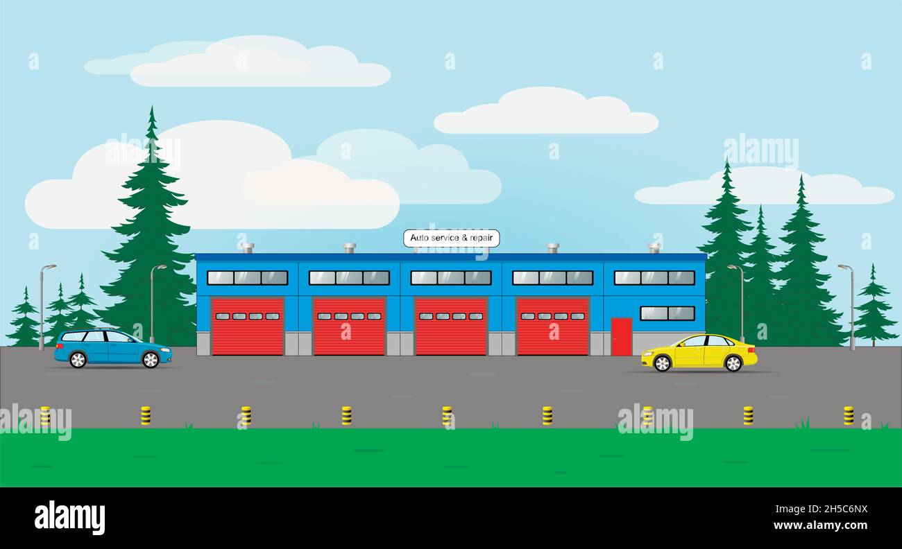 Car service and repair building. Industrial area outside the city. Flat ...