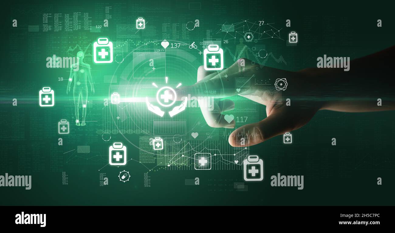 Doctor hand pressing futuristic health device with medical symbol on screen Stock Photo - Alamy