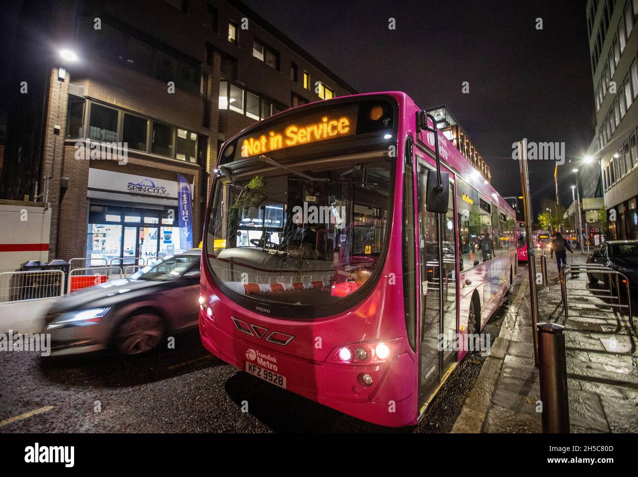 Translink Metro buses in parked in Belfast City centre. A number of bus services in the Belfast ...