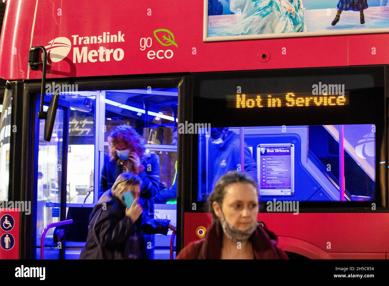 Translink Metro buses in parked in Belfast City centre. A number of bus services in the Belfast ...