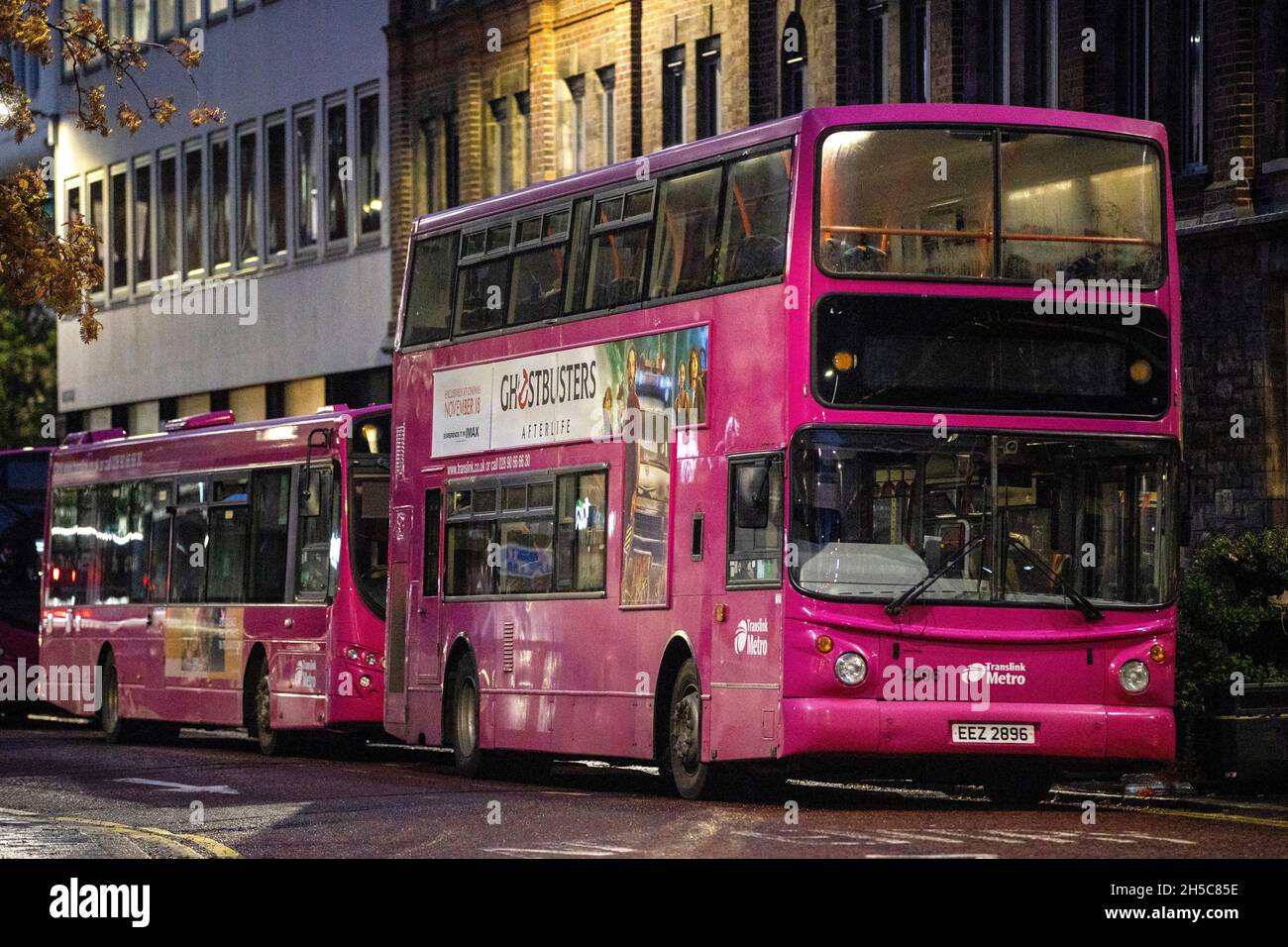 Translink Metro buses in parked in Belfast City centre. A number of bus ...
