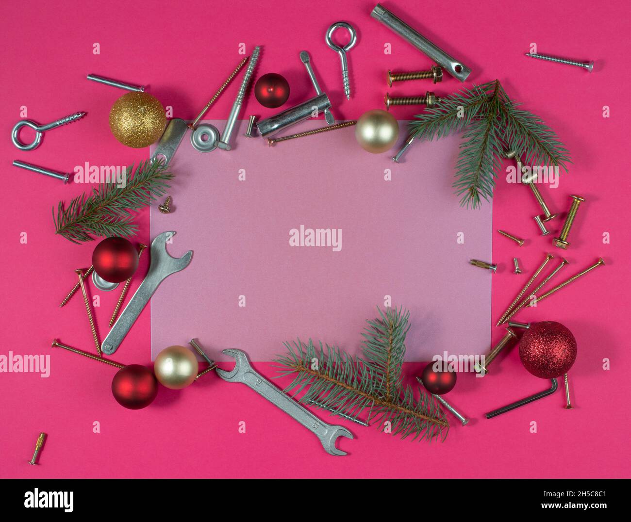 Industrial Christmas frame made of nails, wrench and Christmas balls ...