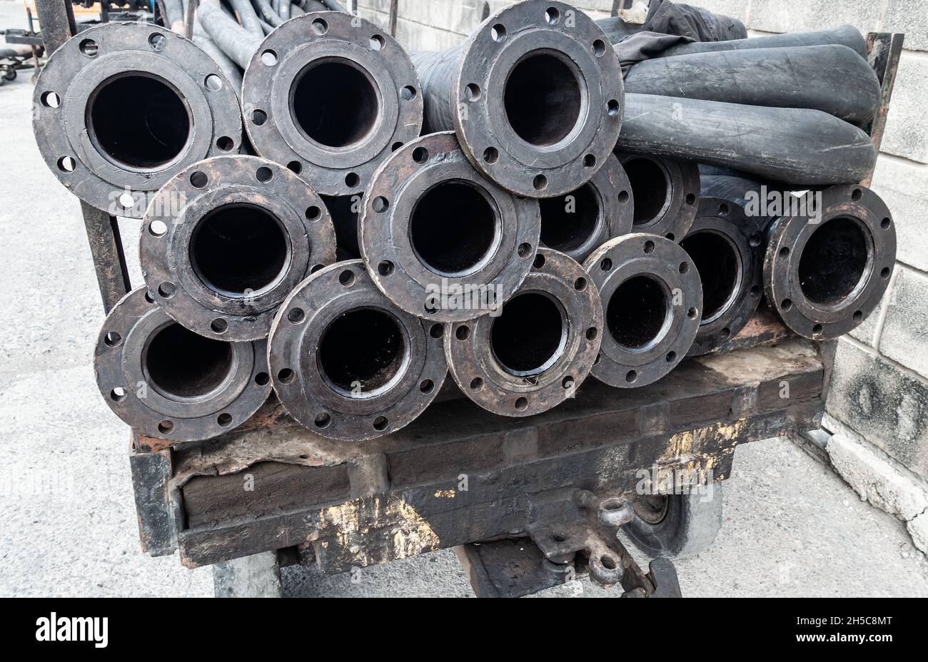 Fuel pipes to connect oil, fuel tankers to storage tanks on docks Stock ...