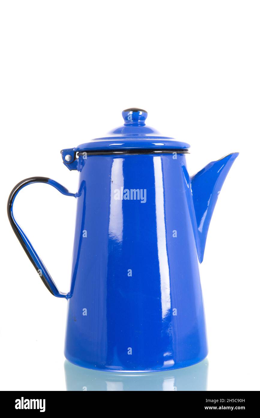 Vintage enamel blue coffee pot isolated over white background Stock ...
