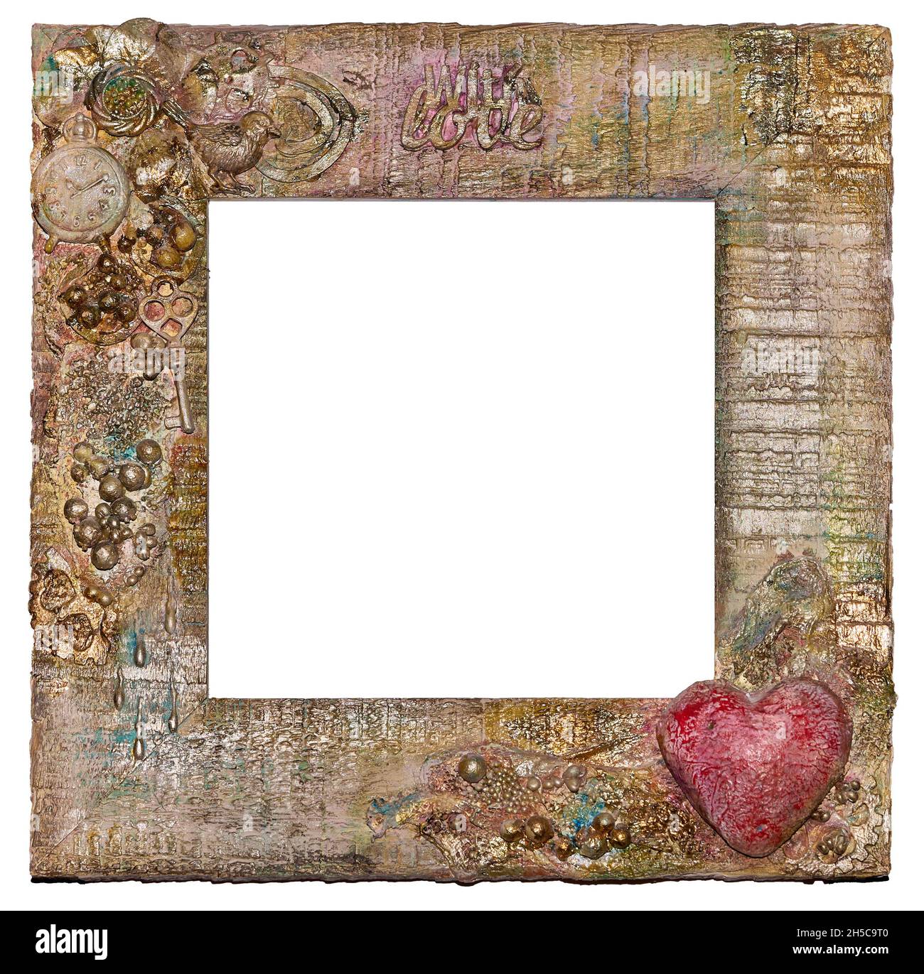 Handmade steampunk isolated photo frame with the red heart on the white ...