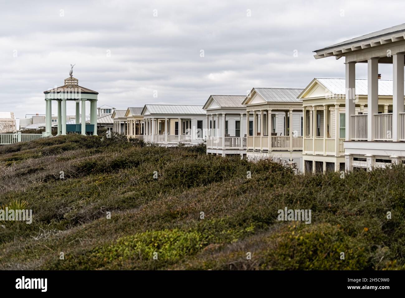 Seaside, USA - January 9, 2021: Cityscape coastline of town with gazebo ...